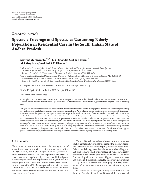 (PDF) Spectacle Coverage and Spectacles Use among Elderly Population in ...