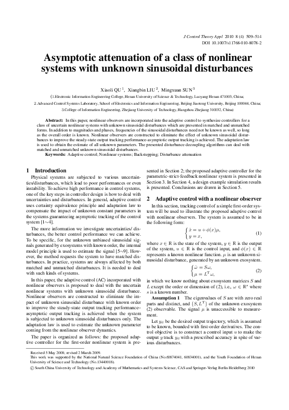 Pdf Asymptotic Attenuation Of A Class Of Nonlinear Systems With Unknown Sinusoidal Disturbances
