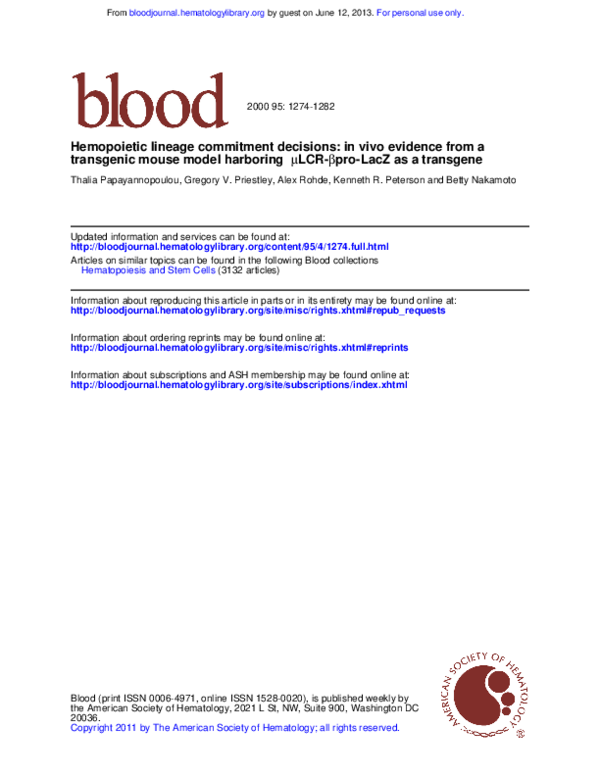 (PDF) Hemopoietic lineage commitment decisions: in vivo evidence from a ...