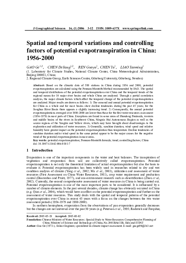 (PDF) Spatial and temporal variations and controlling factors of potential evapotranspiration in ...
