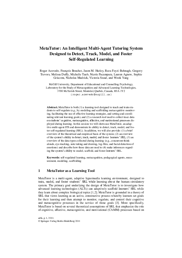 (PDF) MetaTutor: An Intelligent Multi-Agent Tutoring System Designed to Detect, Track, Model ...