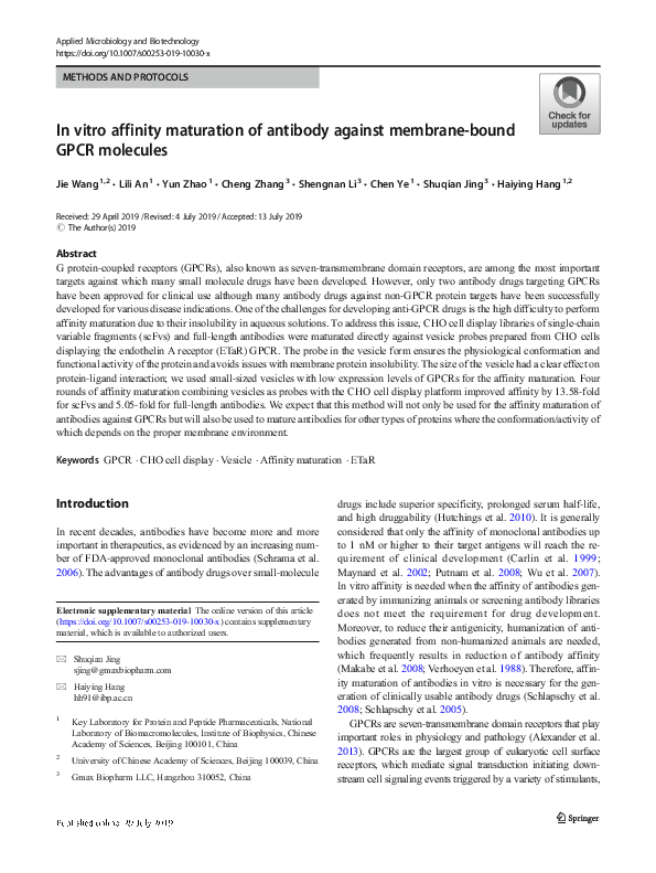 (PDF) In vitro affinity maturation of antibody against membrane-bound GPCR molecules