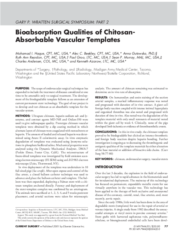 (PDF) Bioabsorption Qualities of Chitosan-Absorbable Vascular Templates