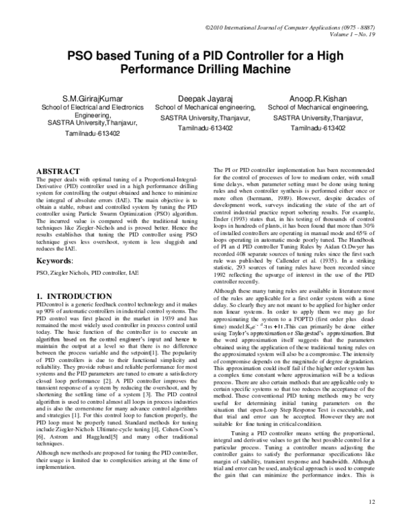 Pdf Pso Based Tuning Of A Pid Controller For A High Performance Drilling Machine