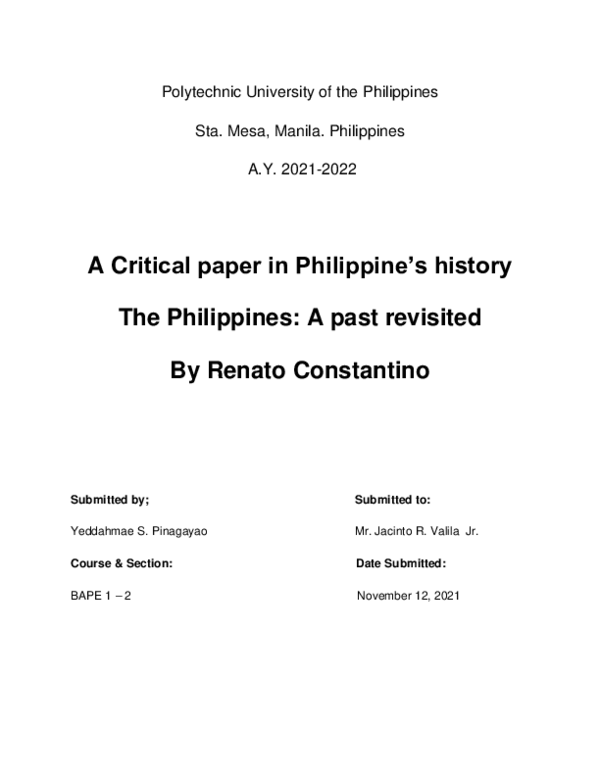 (PDF) The Philippines History: A Past Revisited by Renato Constantino