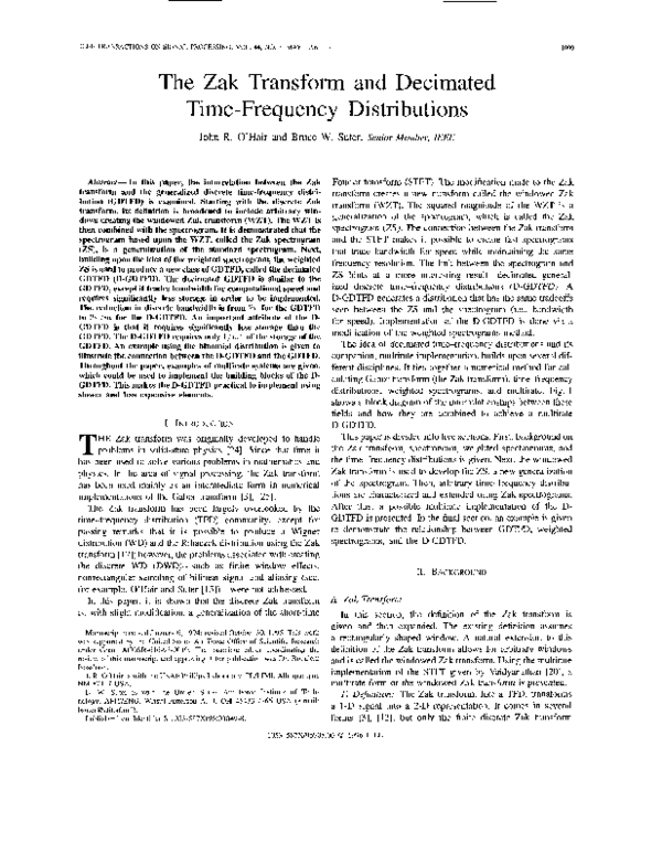 (PDF) The Zak transform and decimated time-frequency distributions