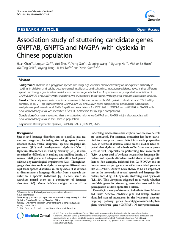 (PDF) Association study of stuttering candidate genes GNPTAB, GNPTG and ...