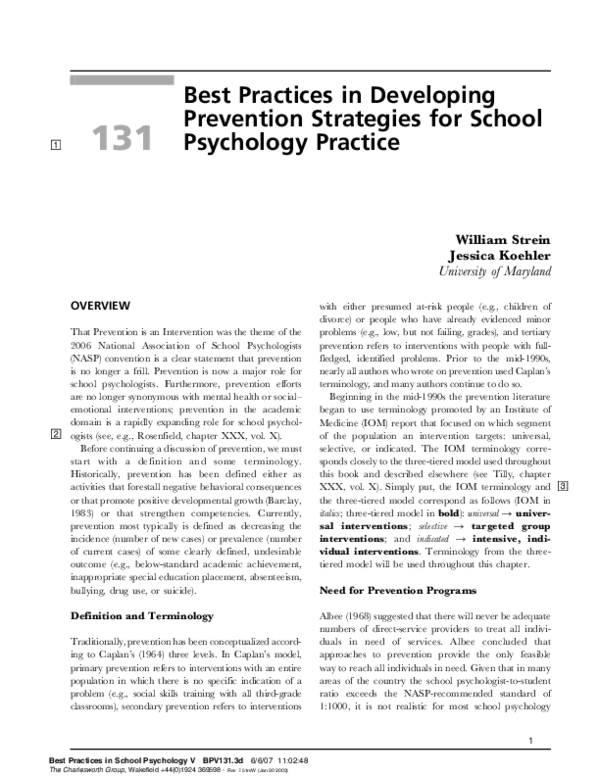 (PDF) Best practices in developing prevention strategies for school ...
