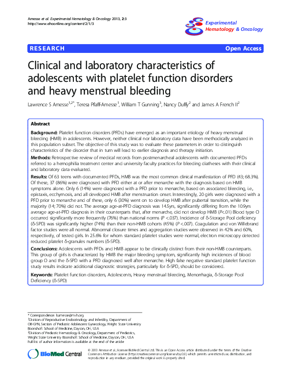 (PDF) Clinical and laboratory characteristics of adolescents with platelet function disorders ...