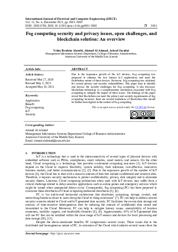 (PDF) Fog computing security and privacy issues, open challenges, and blockchain solution: An ...