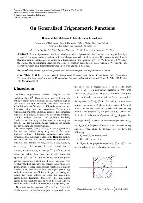 Pdf On Generalized Trigonometric Functions