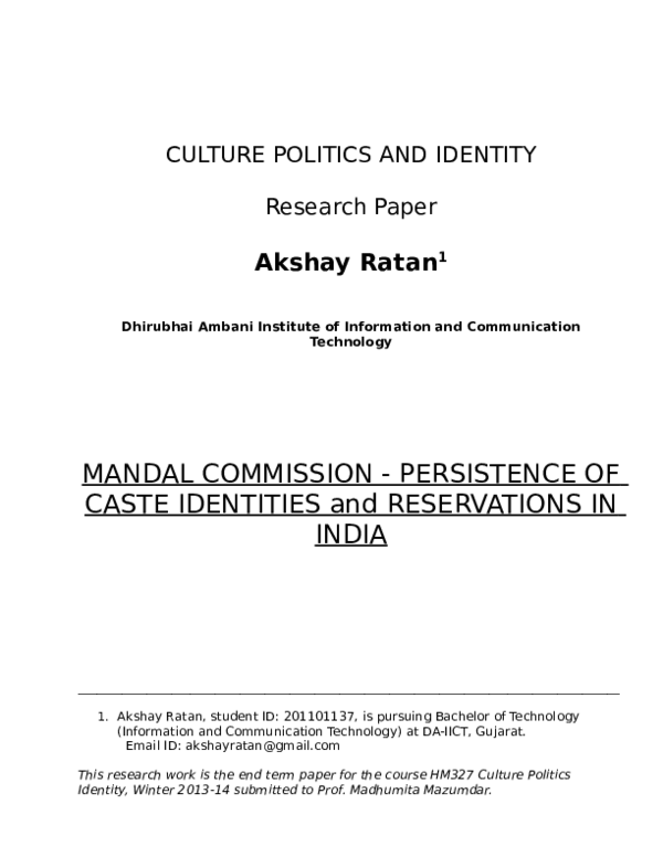 (PDF) MANDAL COMMISSION -PERSISTENCE OF CASTE IDENTITIES and ...
