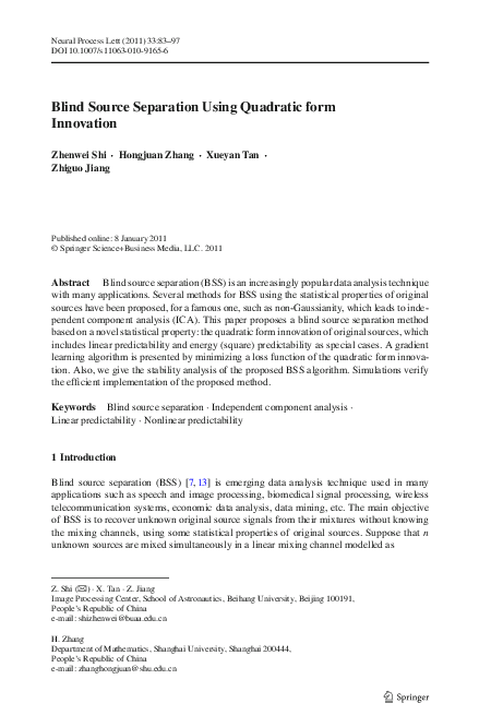 (PDF) Blind Source Separation Using Quadratic form Innovation