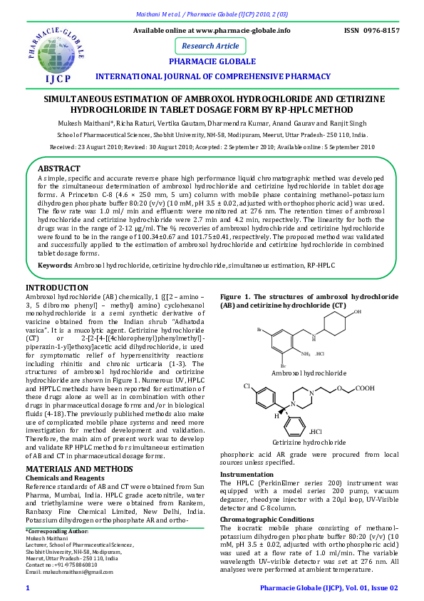 Pdf Simultaneous Estimation Of Ambroxol Hydrochloride And Cetirizine Hydrochloride In Tablet