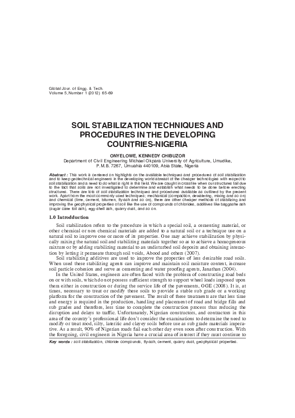 (PDF) Soil Stabilization Techniques and Procedures in the Developing Countries-Nigeria