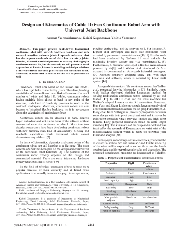 Pdf Design And Kinematics Of Cable Driven Continuum Robot Arm With