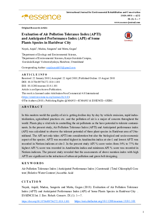 (PDF) Evaluation of Air Pollution Tolerance Index (APTI) and ...