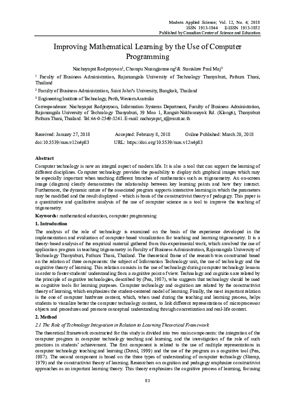 Pdf Improving Mathematical Learning By The Use Of Computer Programming 9727