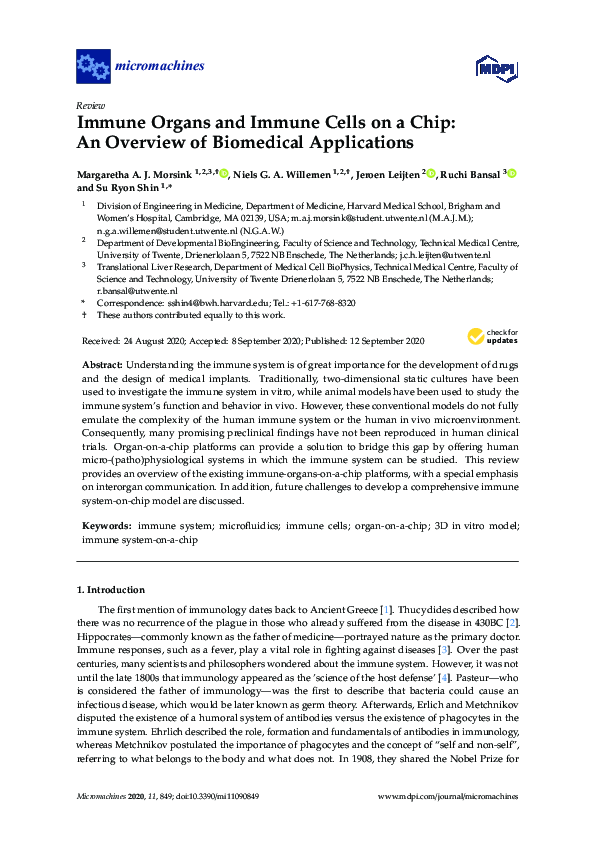 (PDF) Immune Organs and Immune Cells on a Chip: An Overview of ...