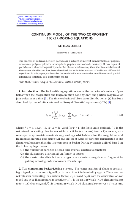 (PDF) Continuum model of the two-component Becker-Döring equations ...