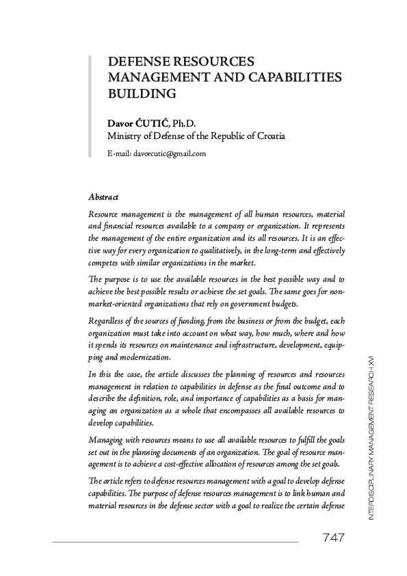 (PDF) DEFENCE RESOURCES MANAGEMENT AND CAPABILITIES BUILDING imr xvi- | Davor Ćutić - Academia.edu