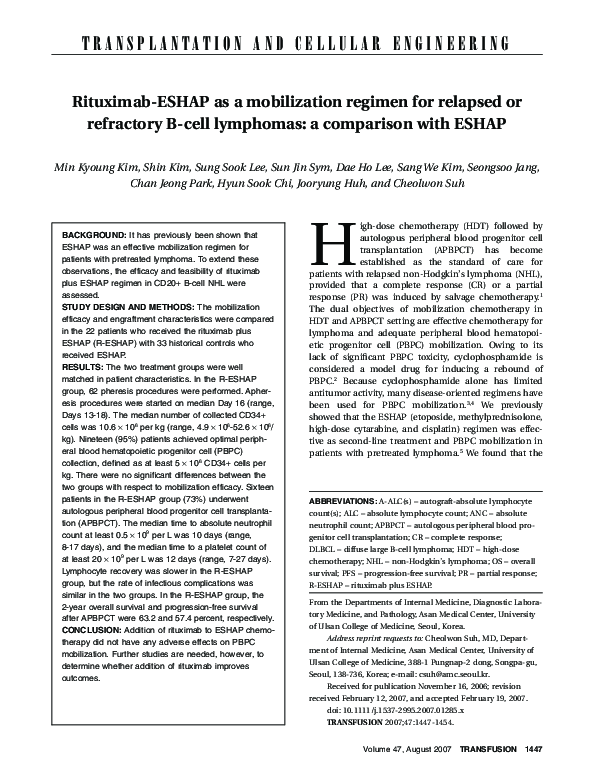 (PDF) Rituximab-ESHAP as a mobilization regimen for relapsed or ...
