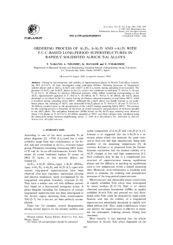 (PDF) Ordering process of Al5Ti3, h-Al2Ti and r-Al2Ti with f.c.c.-based ...