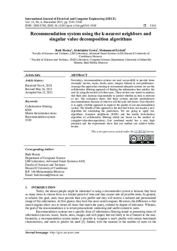 (PDF) Recommendation system using the k-nearest neighbors and singular ... (PDF) Recommendation system using the k-nearest neighbors and singular ...