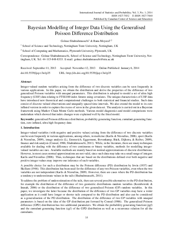 Pdf Bayesian Modelling Of Integer Data Using The Generalised Poisson