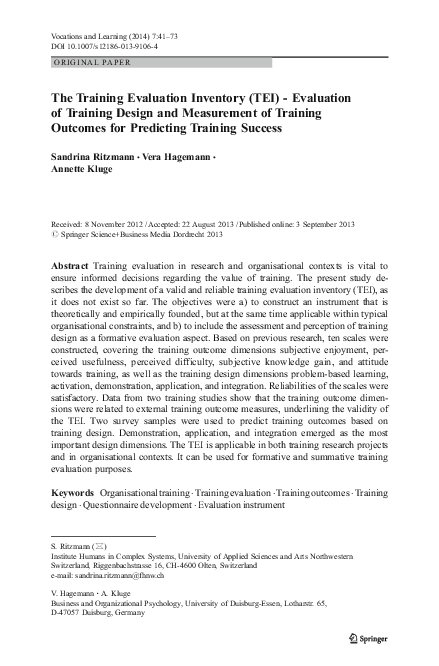 (PDF) The Training Evaluation Inventory (TEI) - Evaluation of Training ...