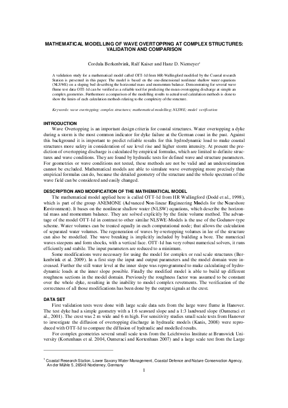 Pdf Mathematical Modelling Of Wave Overtopping At Complex Structures