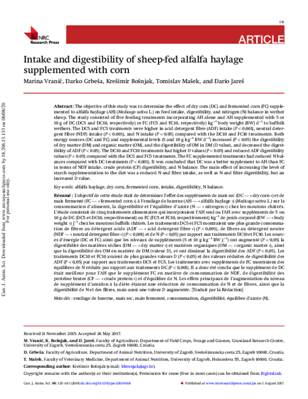 (PDF) Intake and Digestibility of Sheep-fed Alfalfa Haylage ...