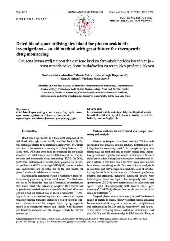 (PDF) Dried blood spot: Utilizing dry blood for pharmacokinetic ...