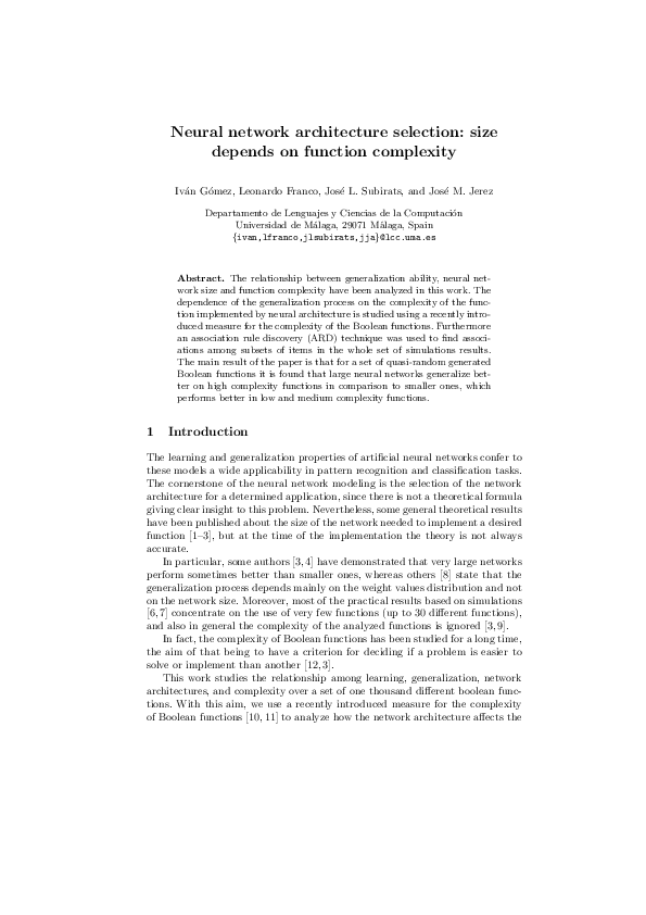 Pdf Neural Network Architecture Selection Size Depends On Function Complexity José Jerez 