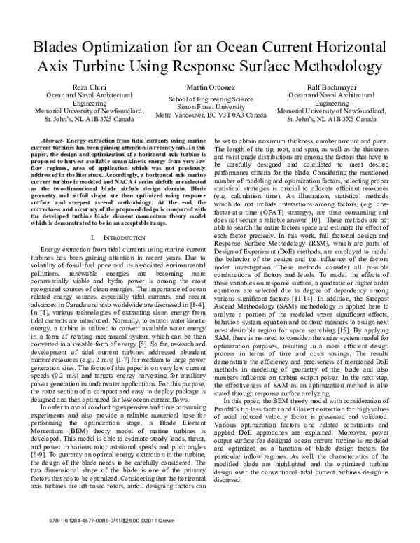 Pdf Blades Optimization For An Ocean Current Horizontal Axis Turbine Using Response Surface