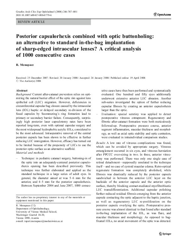 (PDF) Posterior capsulorhexis combined with optic buttonholing: an ...