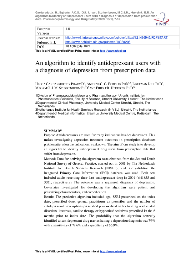 (PDF) An algorithm to identify antidepressant users with a diagnosis of ...