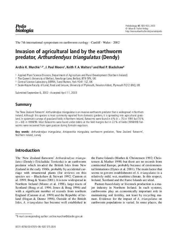 (PDF) Invasion of agricultural land by the earthworm predator ...