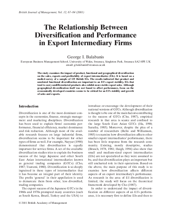 (PDF) The Relationship Between Diversification and Performance in ...