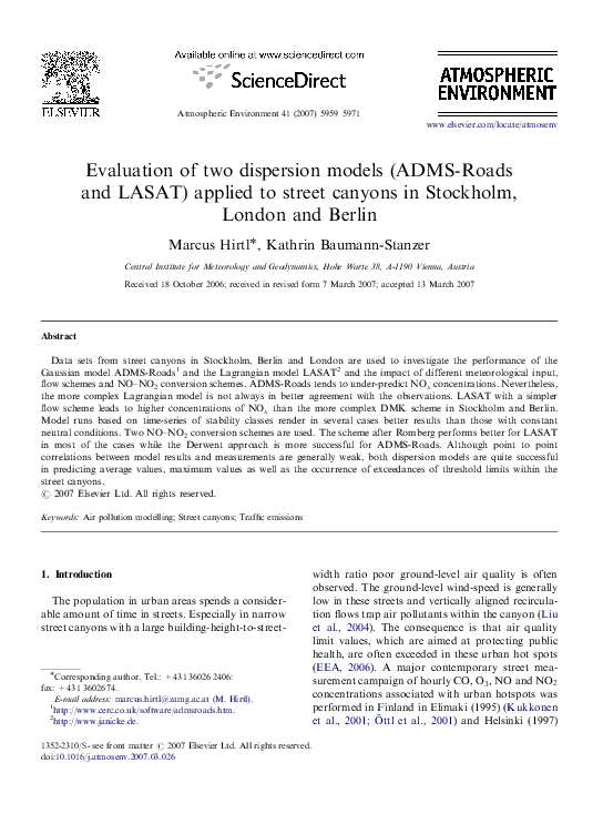 (PDF) Evaluation of two dispersion models (ADMS-Roads and LASAT ...