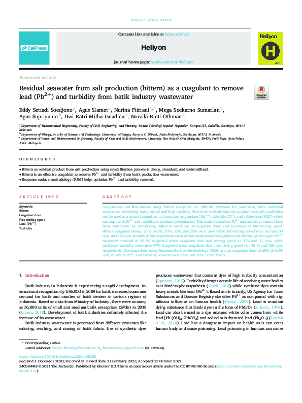 (PDF) Residual seawater from salt production (bittern) as a coagulant ...