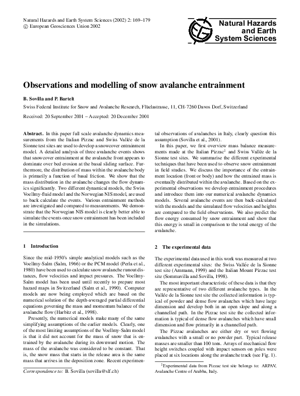 (PDF) Observations and modelling of snow avalanche entrainment