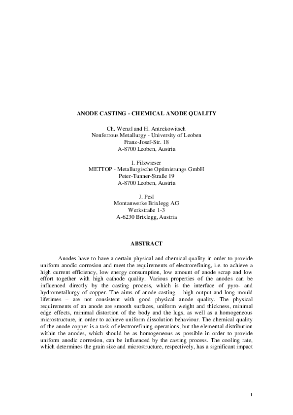 (PDF) Anode Casting -Chemical Anode Quality