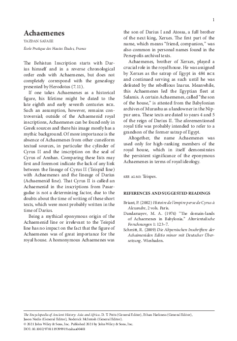 (PDF) Safaee, Yazdan. 2021. s.v. Achaemenes. In: D. T. Potts et al. (ed.), The Encyclopedia of ...