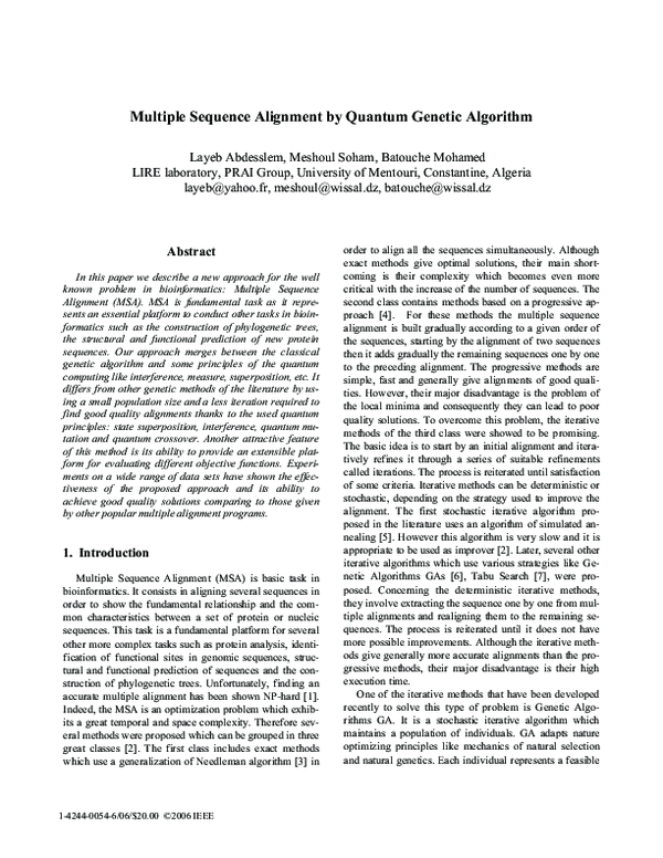 Pdf Multiple Sequence Alignment By Quantum Genetic Algorithm