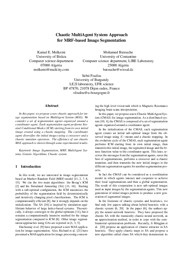 (PDF) Chaotic multiagent system approach for MRF-based image segmentation