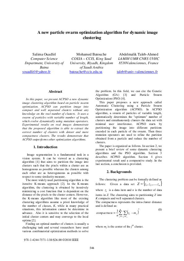 (PDF) A new particle swarm optimization algorithm for dynamic image clustering