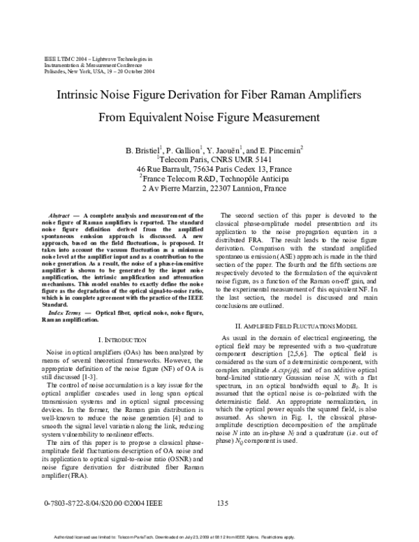 (PDF) Intrinsic noise figure derivation for fiber raman amplifiers from equivalent noise figure ...