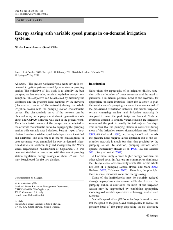 (PDF) Energy saving with variable speed pumps in on-demand irrigation ...
