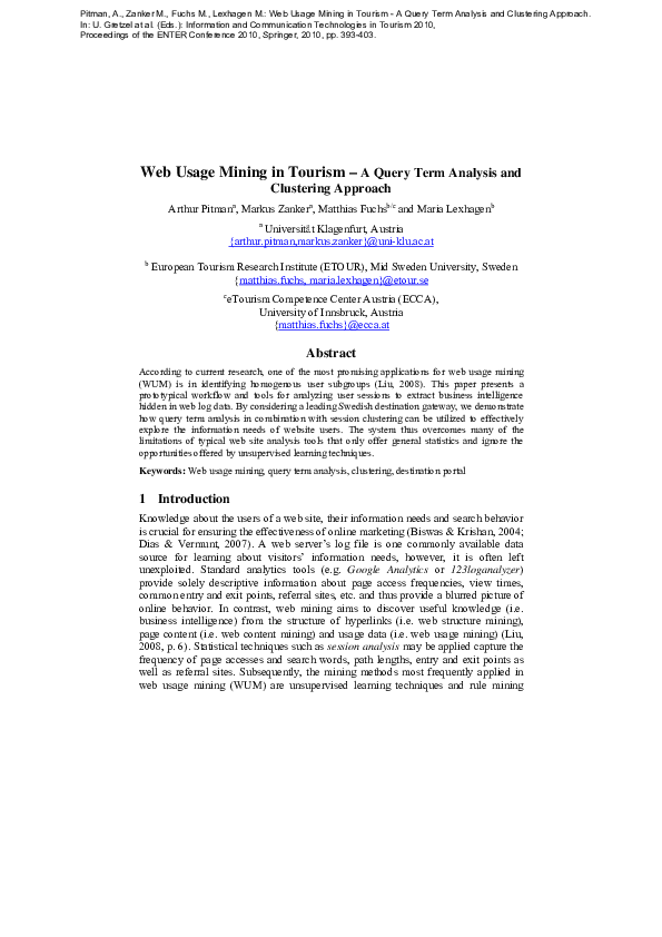 Pdf Web Usage Mining In Tourism — A Query Term Analysis And Clustering Approach
